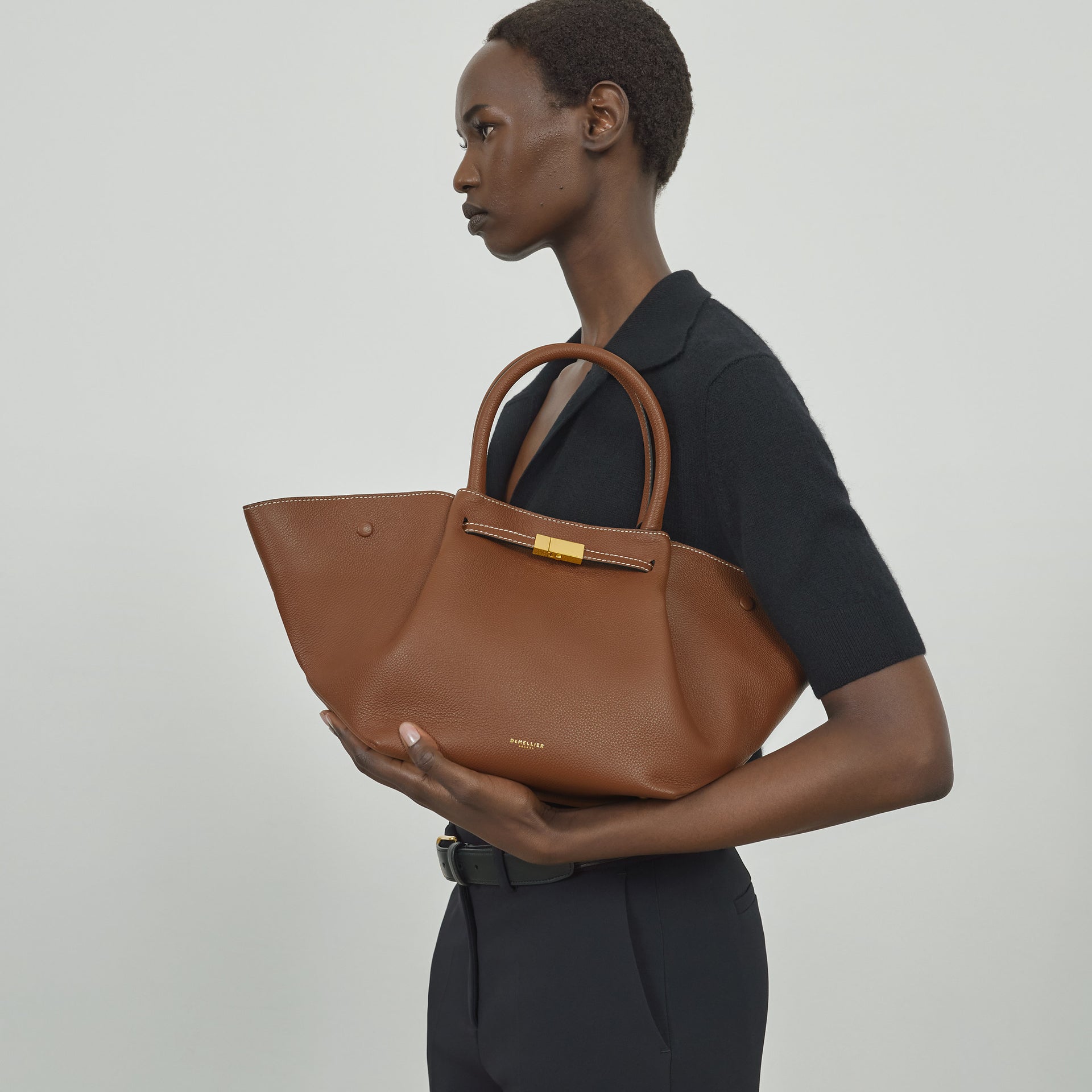 The Midi New York | Tan Small Grain Ecru Stitching | DeMellier